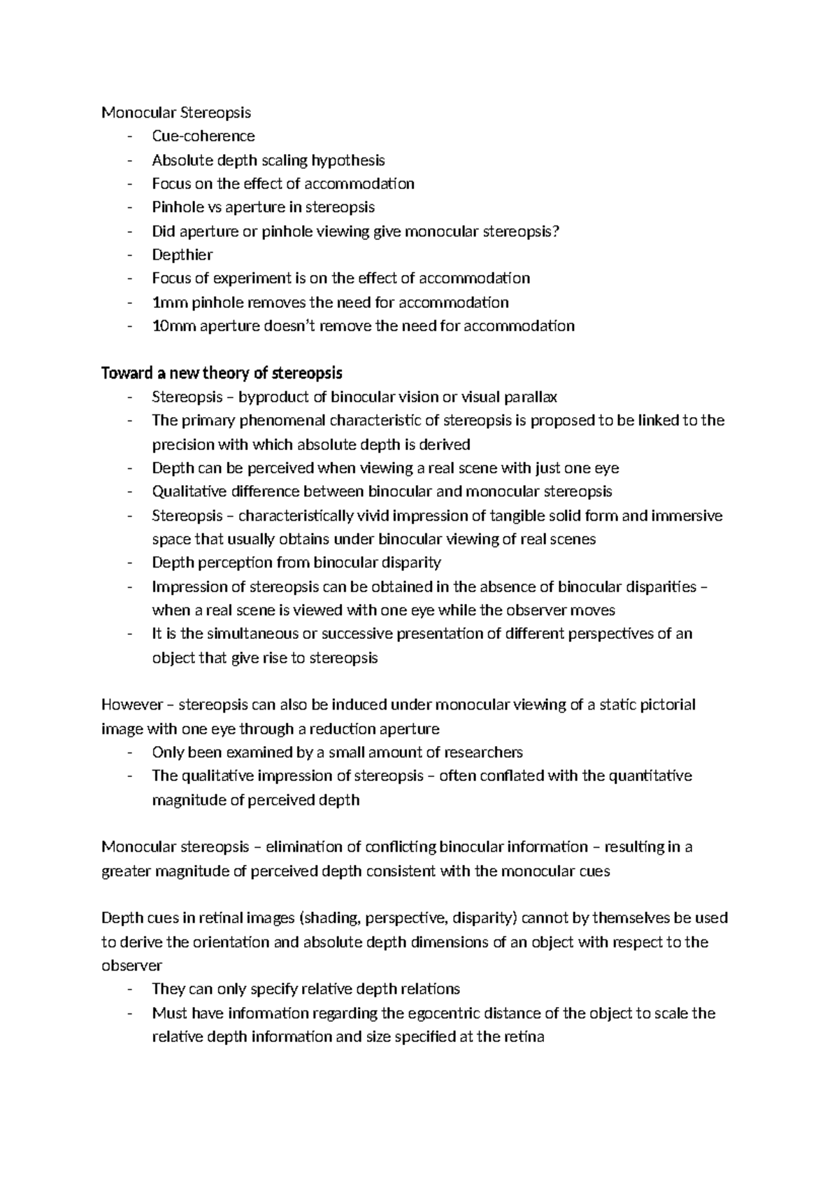 Lab report notes - Monocular Stereopsis - Cue-coherence - Absolute ...