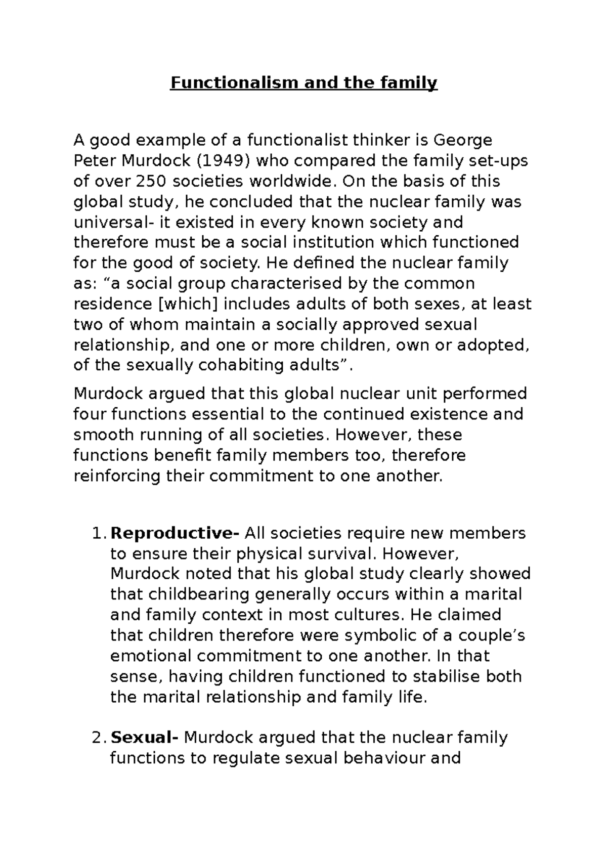 7. Murdock and the family - Functionalism and the family A good example ...