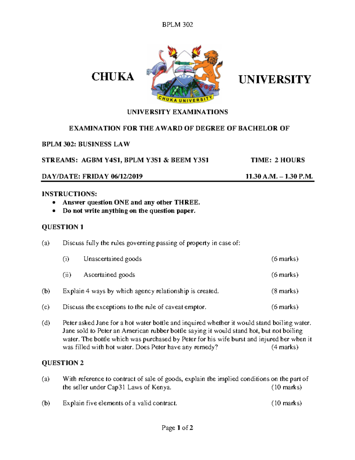 BPLM 302 - BPLM 302 Page 1 of 2 CHUKA UNIVERSITY UNIVERSITY ...