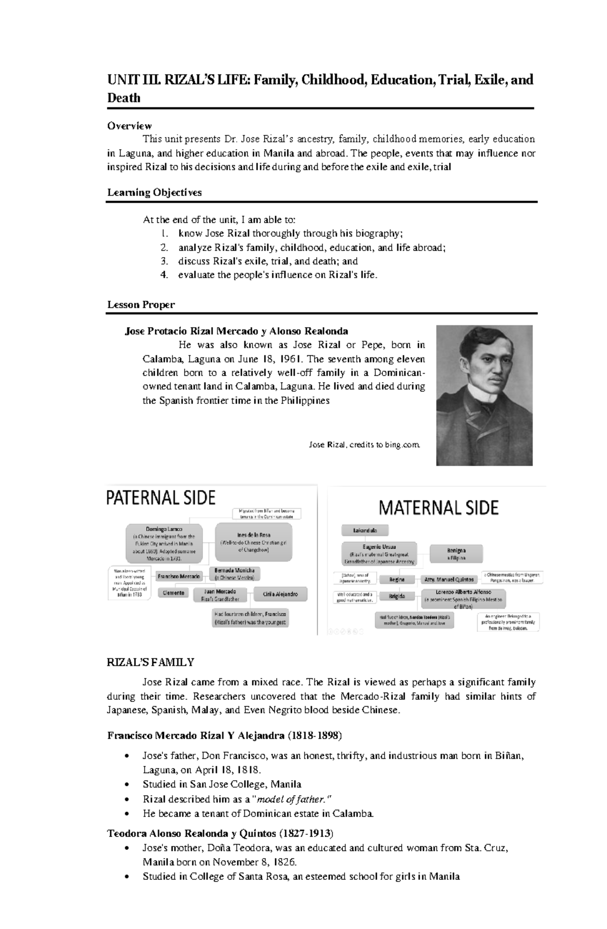 UNIT III Rizals Life - Merly Causo - UNIT III. RIZAL’S LIFE: Family ...