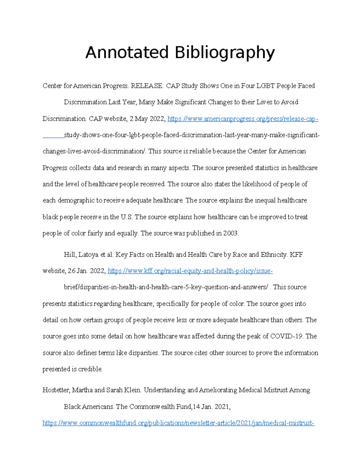 Annotated bibliography - Annotated Bibliography Center for American ...