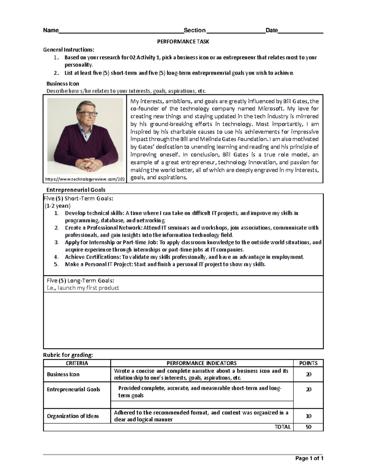 Performance TASK - General Instructions: 1. Based on your research for ...