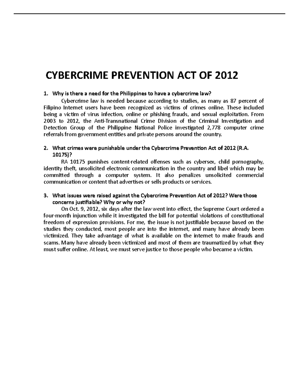 Nh4v6wyhf2D6 - Lecture Notes - CYBERCRIME PREVENTION ACT OF 2012 Why is ...