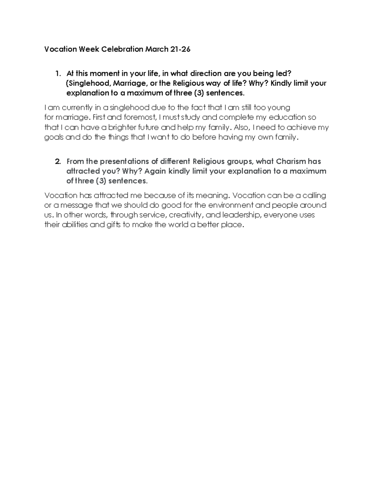 Vocation Week Celebration March 21 - Bhady Gayadon - Vocation Week ...