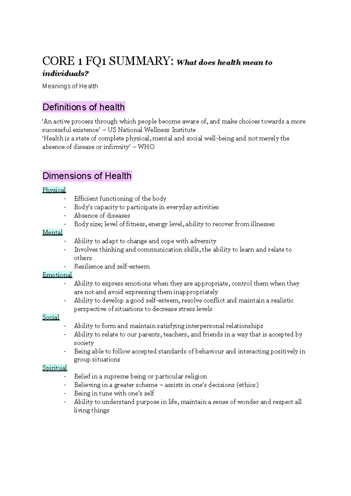 PDHPE YEAR 11 2023 FOCUS QUESTION SUMMARIES MAJORITY - CORE 1 FQ1 SUMMARY: What does health mean ...