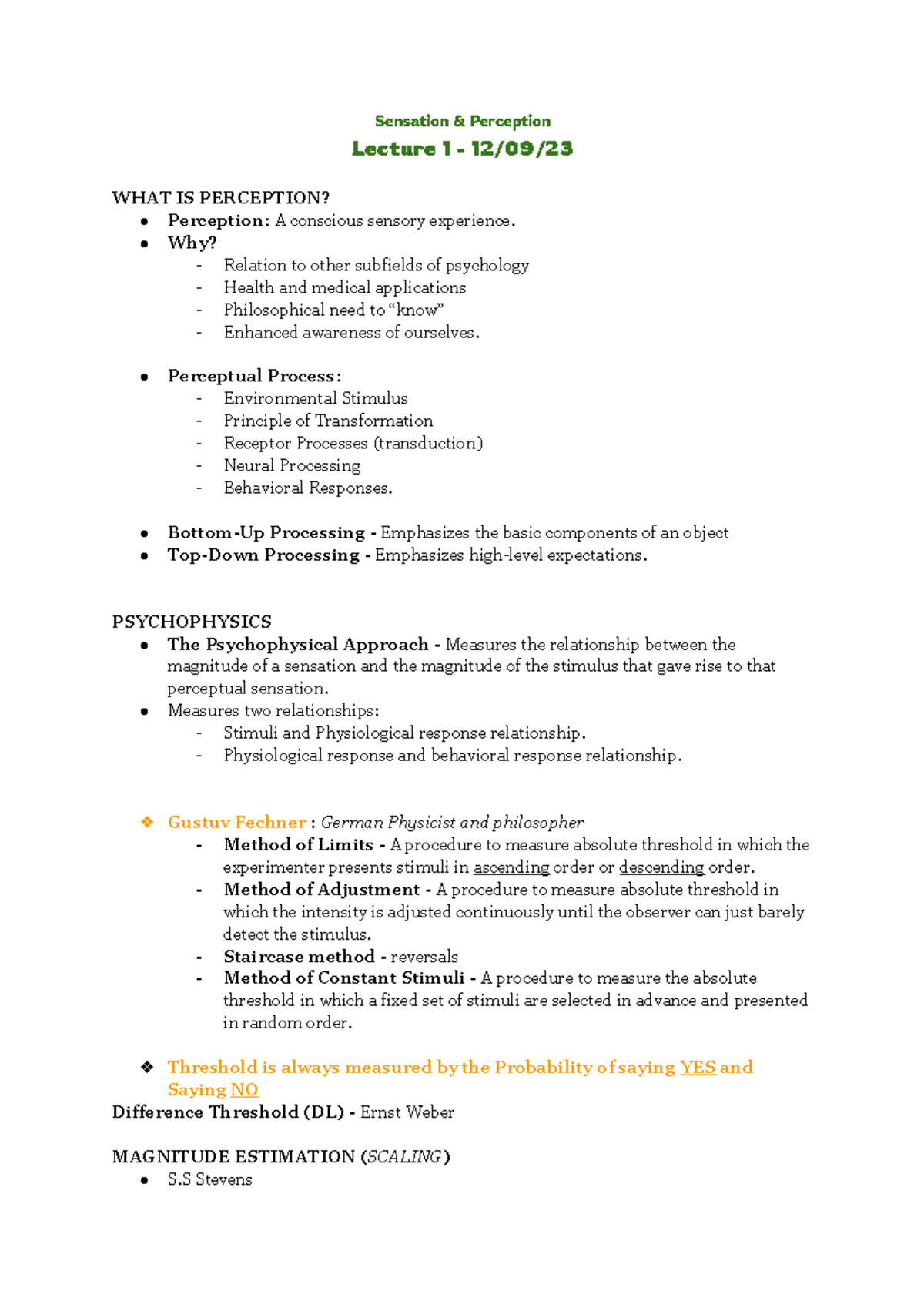 Psych 2115 A, LEC 1 - Sensation & Perception Lecture 1 - 12/09/ WHAT IS ...