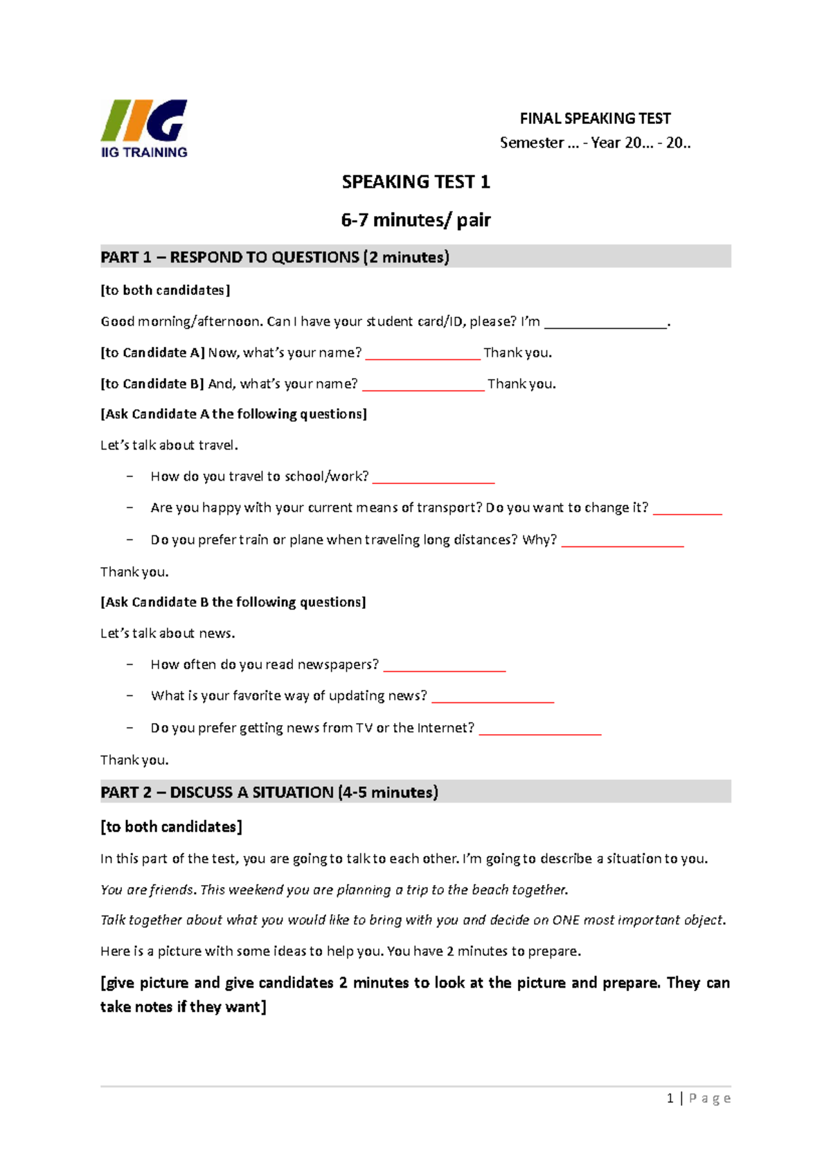 C1 Examiner 1 - Thày đức minh - FINAL SPEAKING TEST Semester ... - Year ...