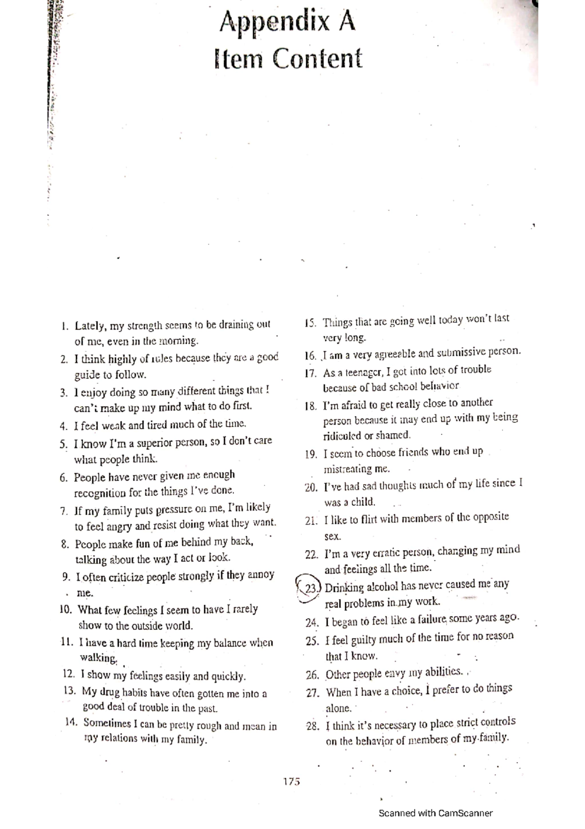 MCMI - Appendix A Item Content 1. Lately, my strength seems to be draining out 15. Things that ...