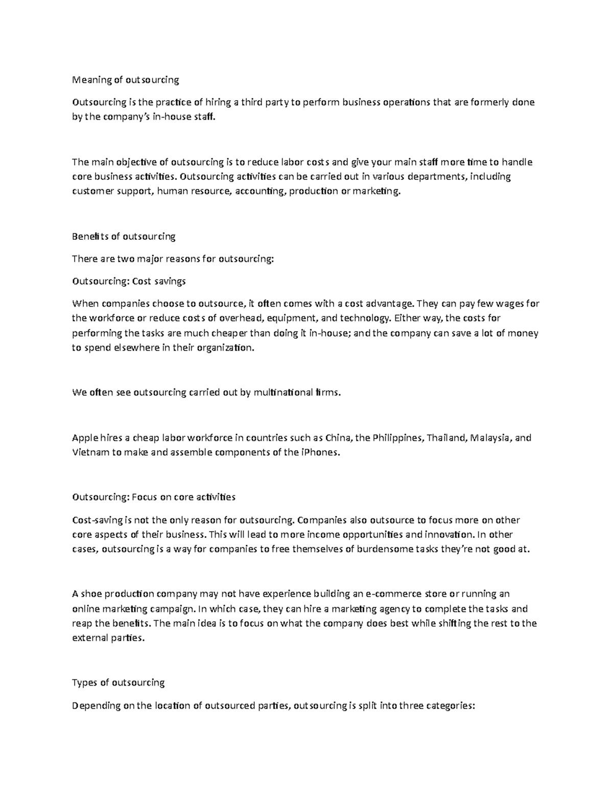 Outsourcing - Meaning of outsourcing Outsourcing is the practice of ...