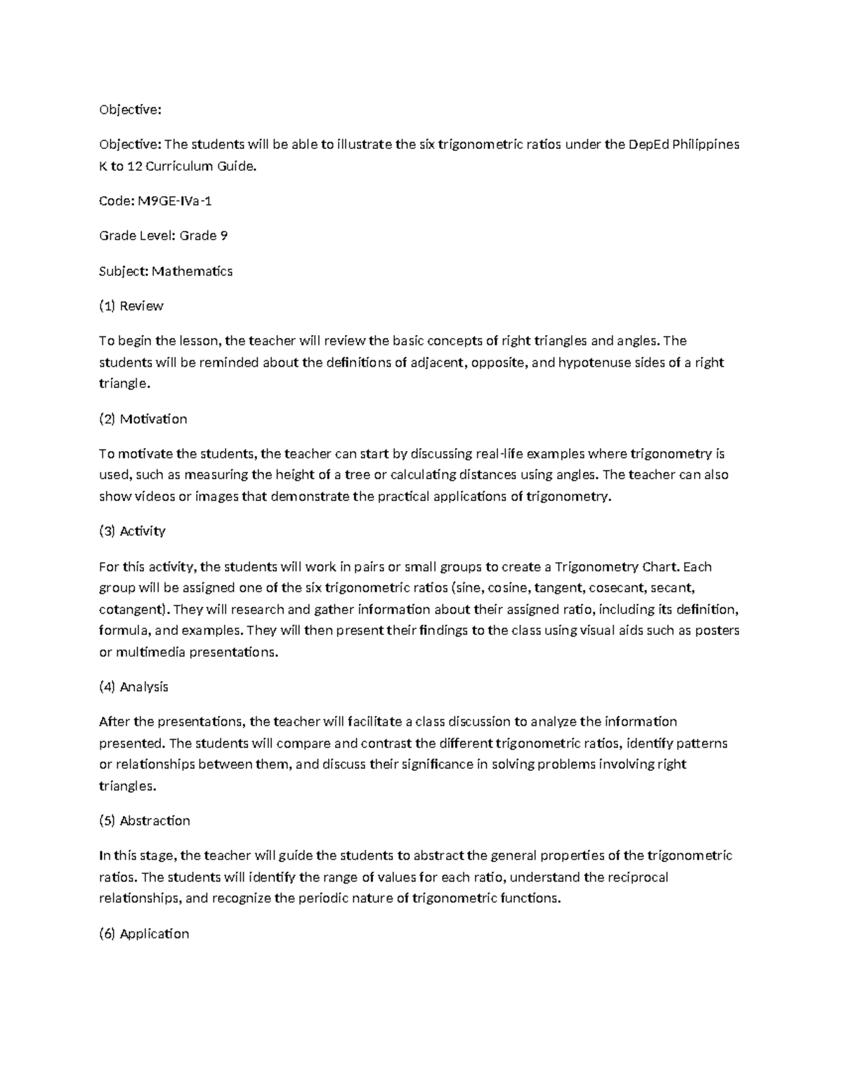Lesson plan for six trigonometric ratios - Objective: Objective: The ...