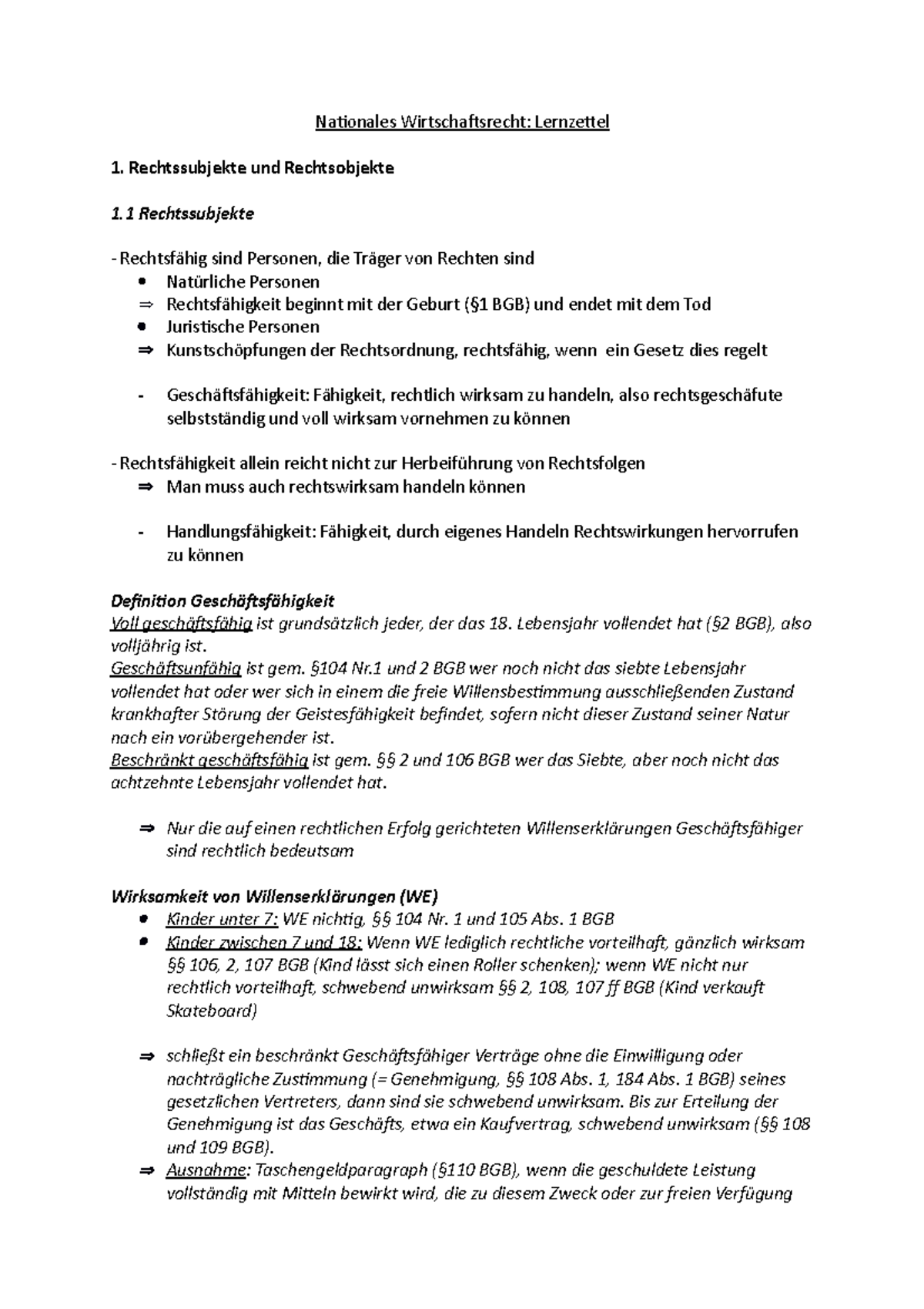 Nationales Wirtschaftsrecht - Rechtssubjekte und Rechtsobjekte 1 ...