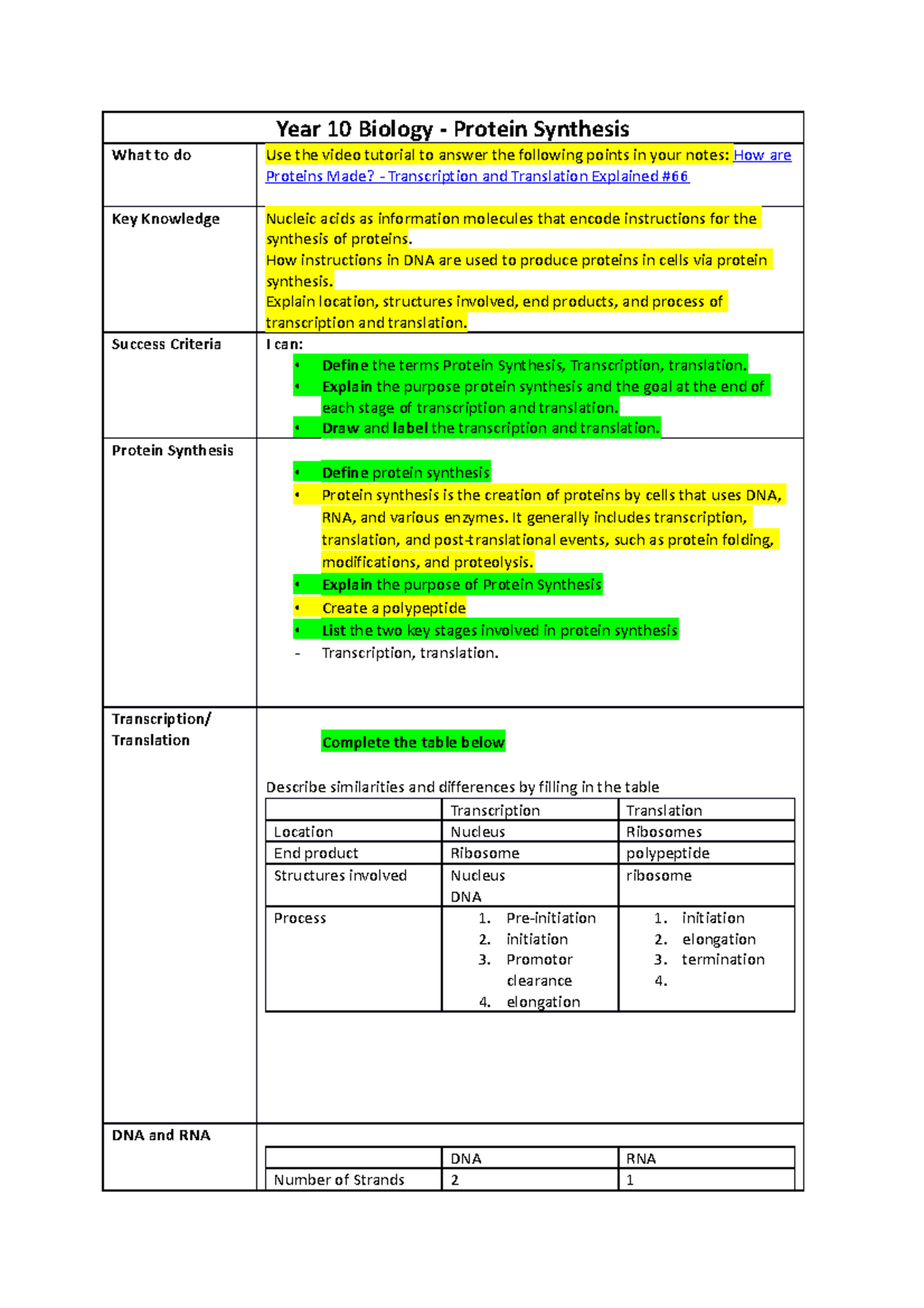 Cornell Notes - Protein Synthesis - Year 10 Biology - Protein Synthesis ...