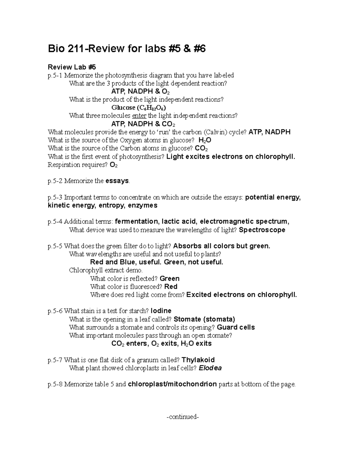 Bio 211 Study Guide Exam 3 from teacher - Bio 211-Review for labs #5 & Review Lab # p-1 Memorize ...