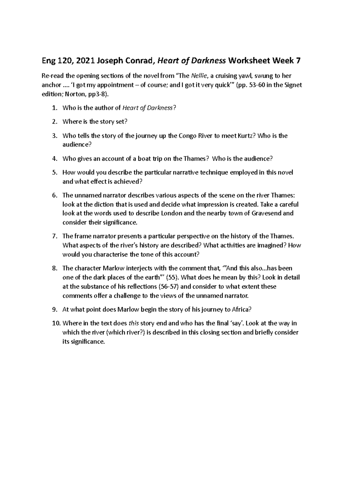 Week 7 Worksheet heart of darkness questions - Eng 120, 2021 Joseph ...