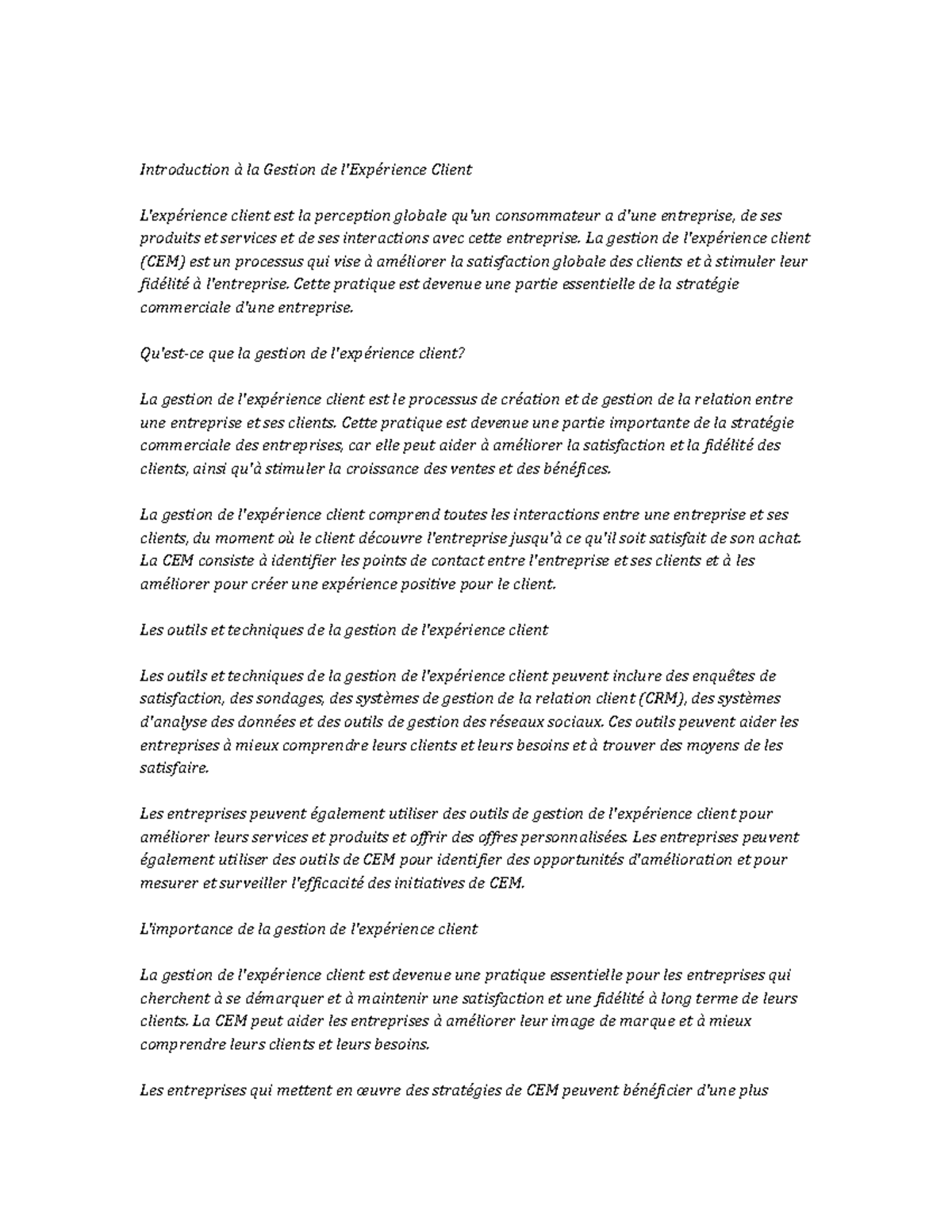 Customer Experience Management Study Notes - Introduction à la Gestion ...