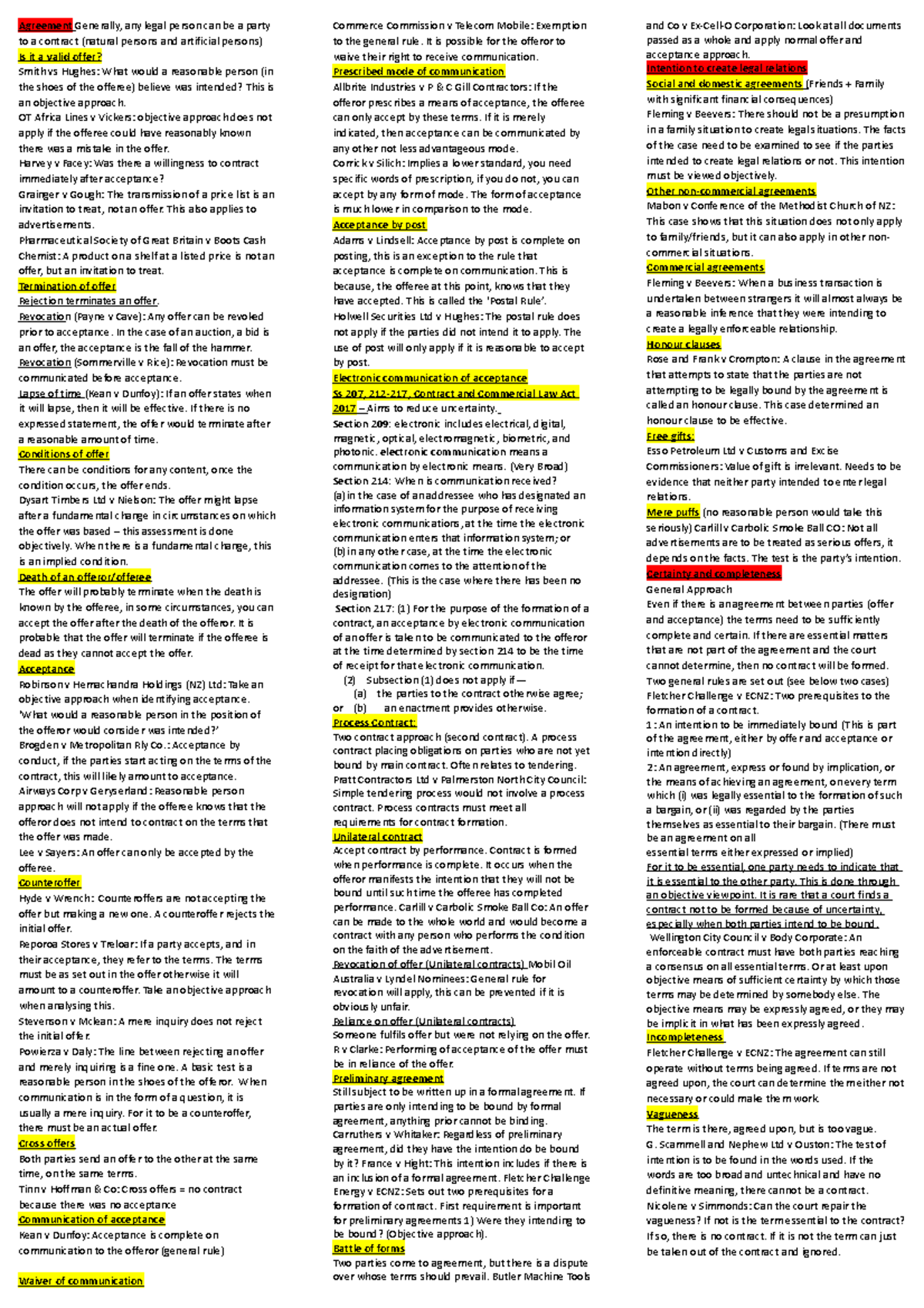 LAWS203 Exam - Cheat Sheet Mid Year - Agreement Generally, any legal ...