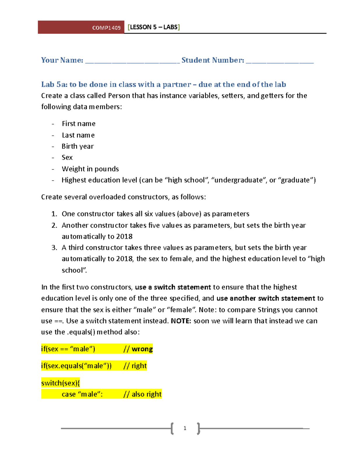 Lesson 05 labs - lab - COMP1409 [LESSON 5 – LABS] Your Name