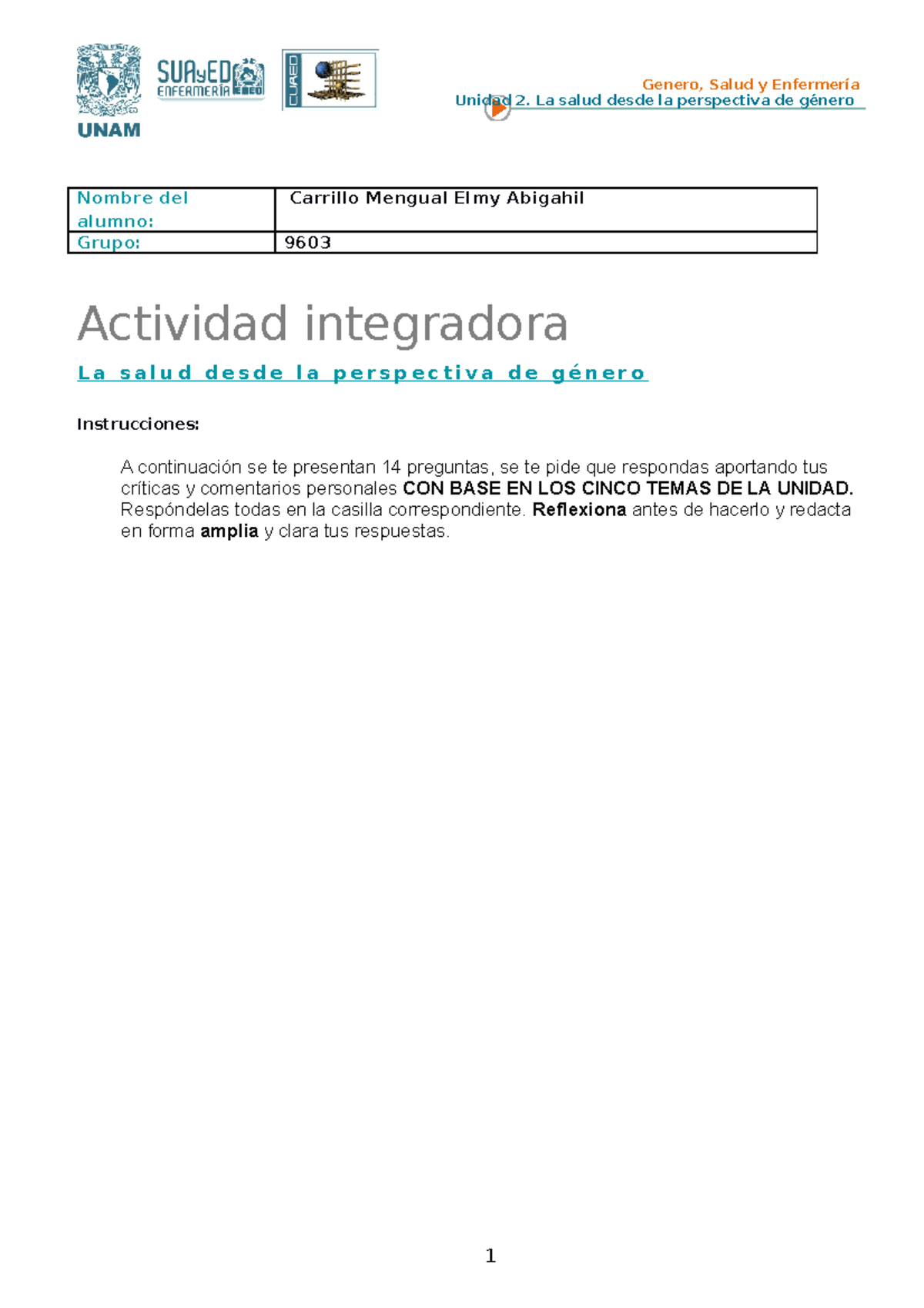 Act integ u2 genero sociedad - Unidad 2. La salud desde la perspectiva de géneroGenero, Salud y ...