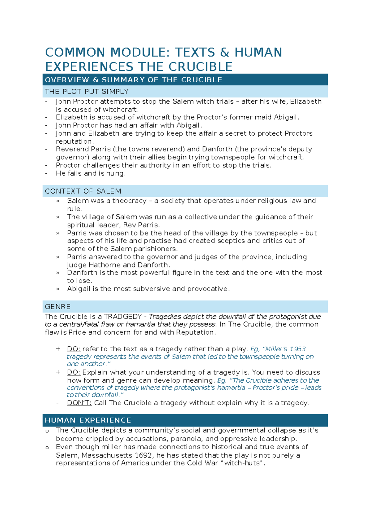 COM MOD Summary - The Crucible - COMMON MODULE: TEXTS & HUMAN ...