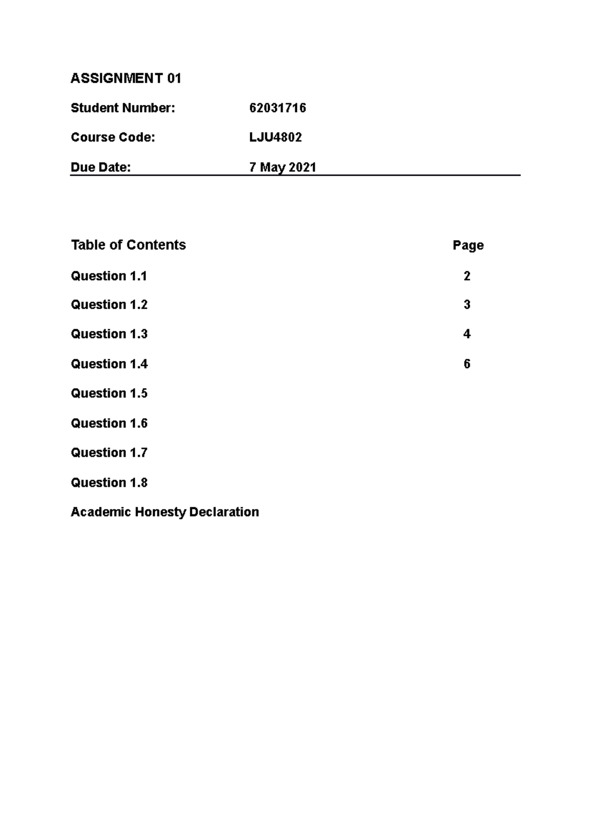 LJU4802 - Assignment 01 - Table of Contents Page ASSIGNMENT Student ...