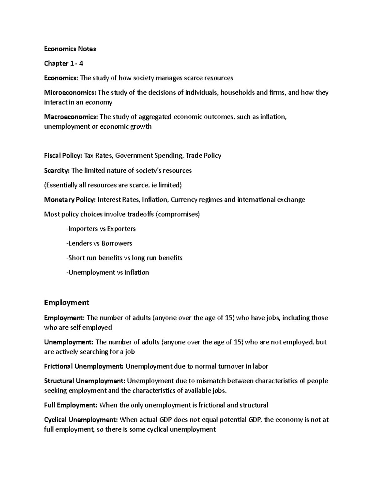 EC140 Full Course Notes - Economics Notes Chapter 1 - 4 Economics: The ...