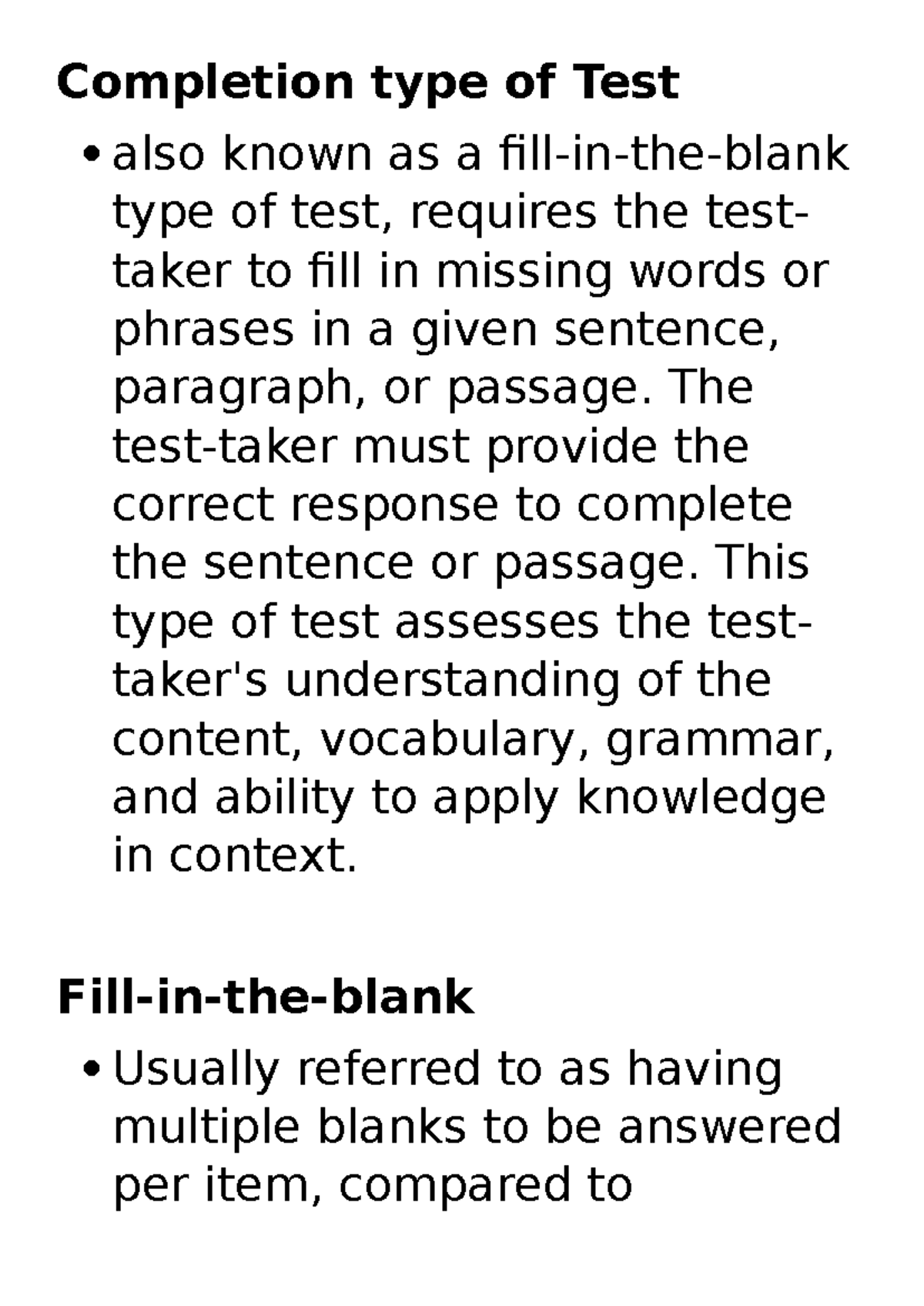 Completion type of Test - The test-taker must provide the correct ...