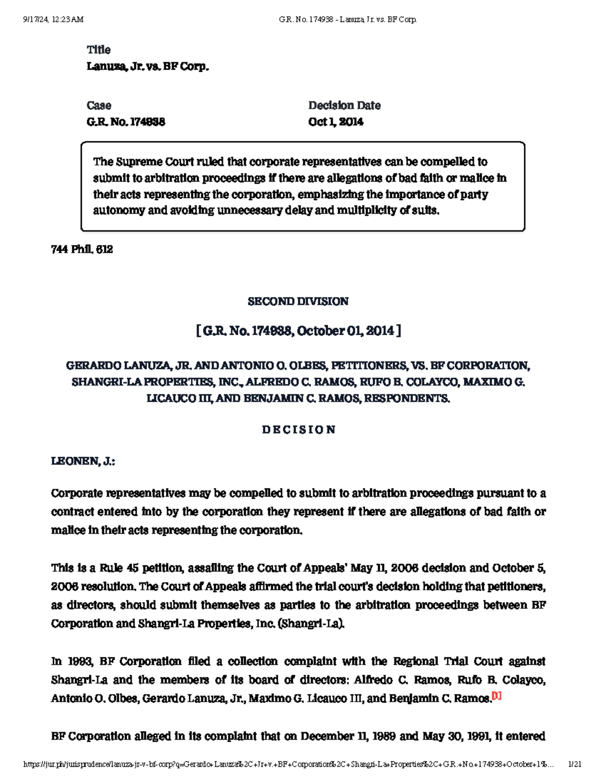 01 G.R. No. 174938 - Lanuza, Jr. vs. BF Corp - Title Lanuza, Jr. vs. BF ...