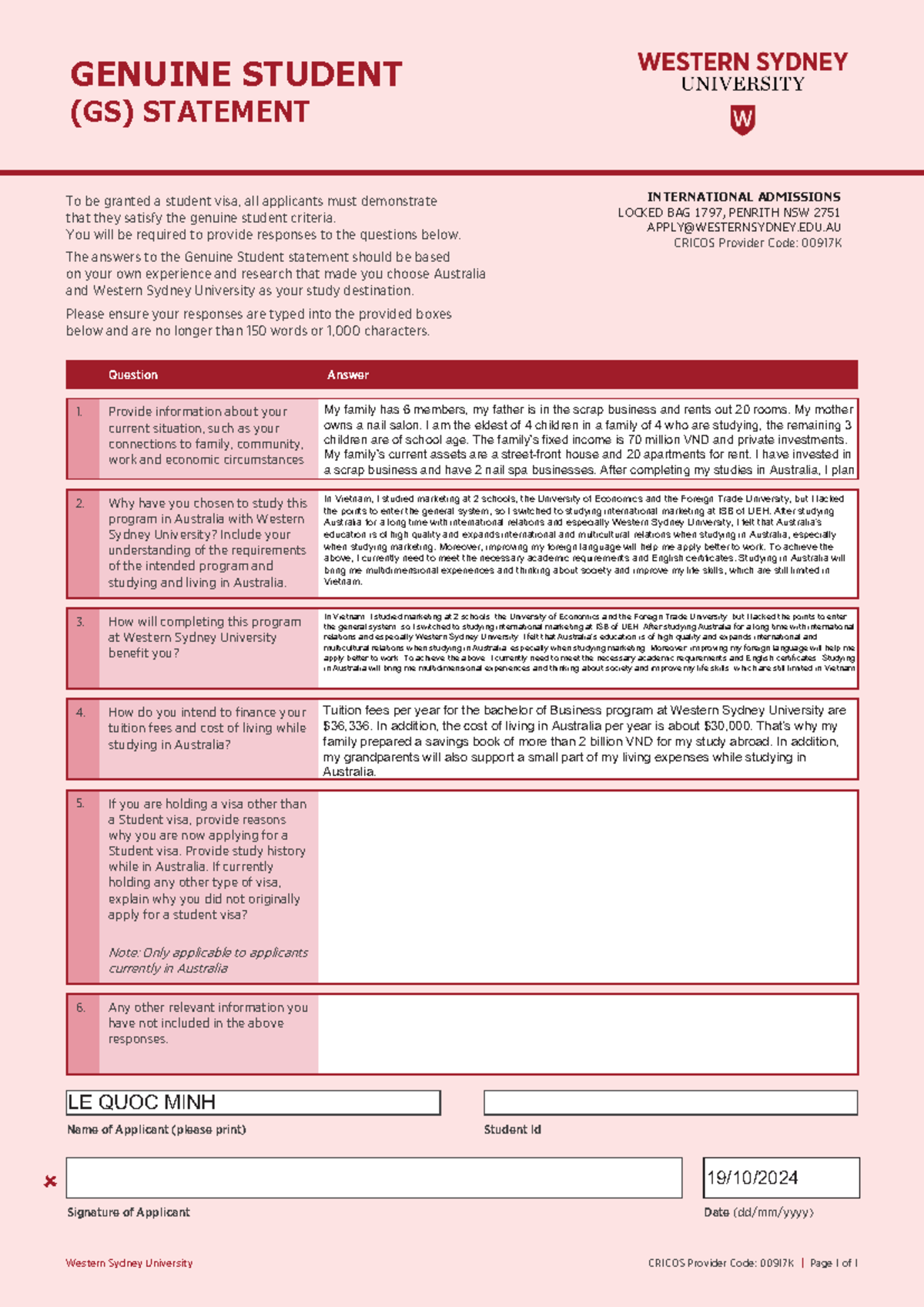 [Form] GS Statement (1)-đầu ra - GENUINE STUDENT (GS) STATEMENT Western ...