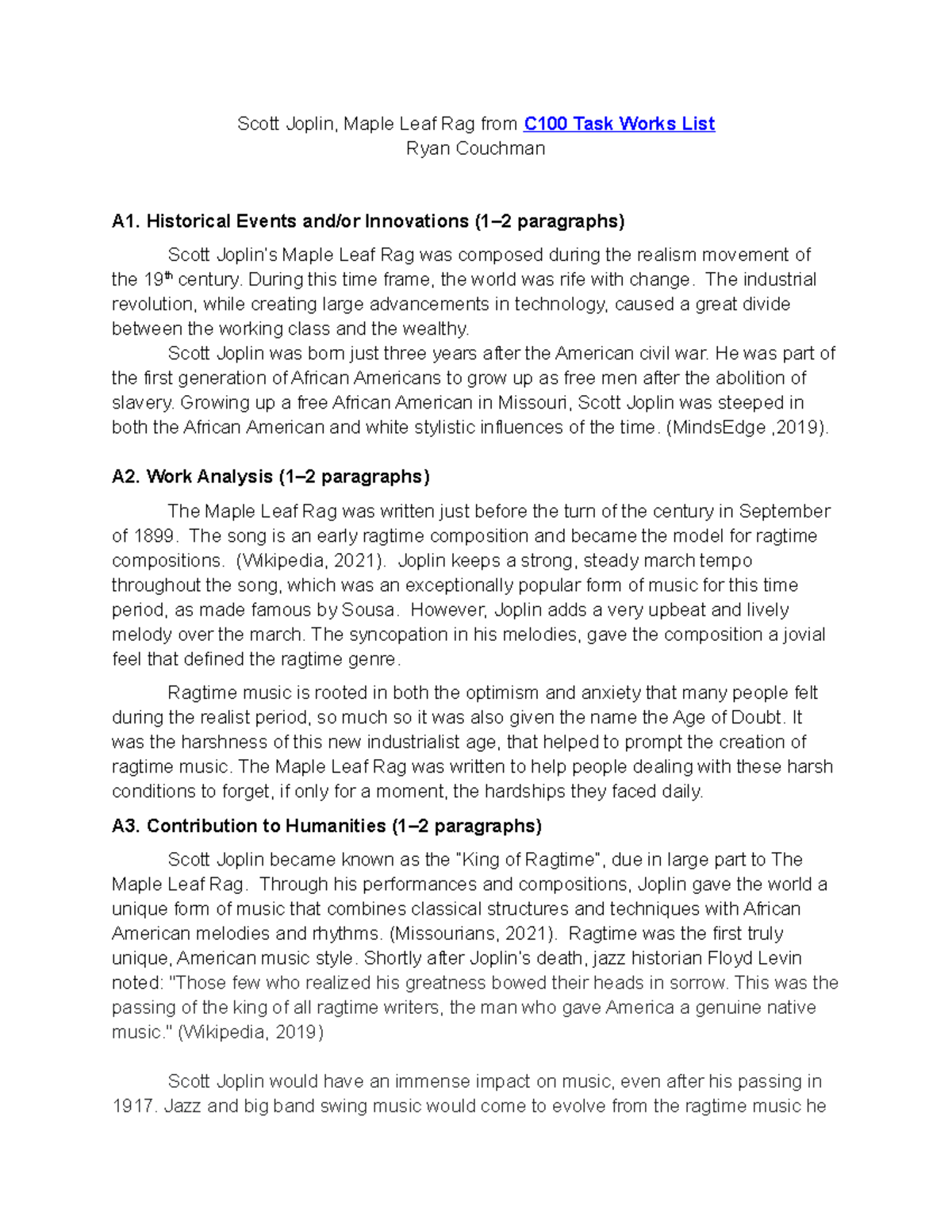Task template for c100 humanities - Scott Joplin, Maple Leaf Rag from ...
