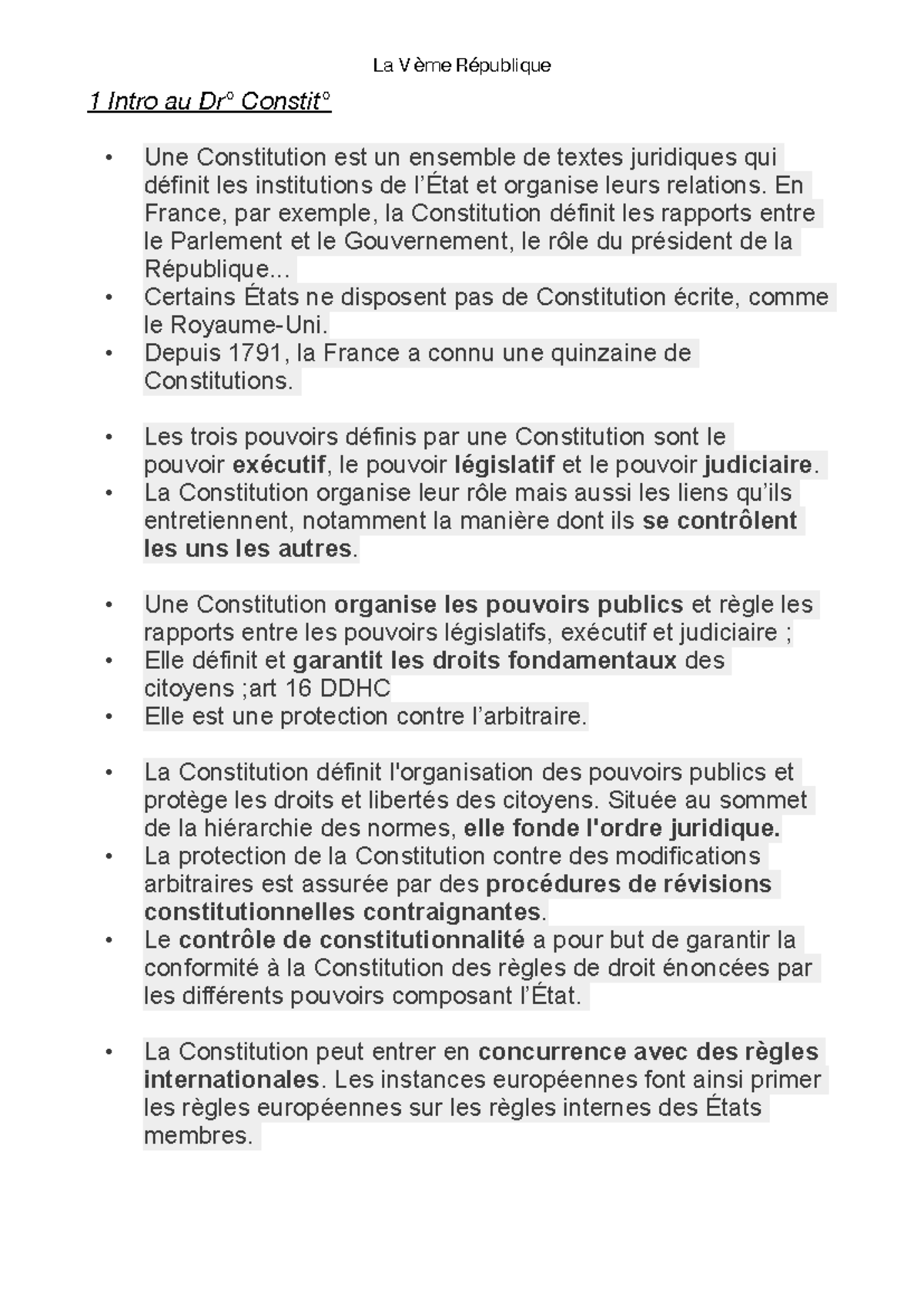 Fiche constit - droit - 1 Intro au Dr° Constit° - Une Constitution est ...