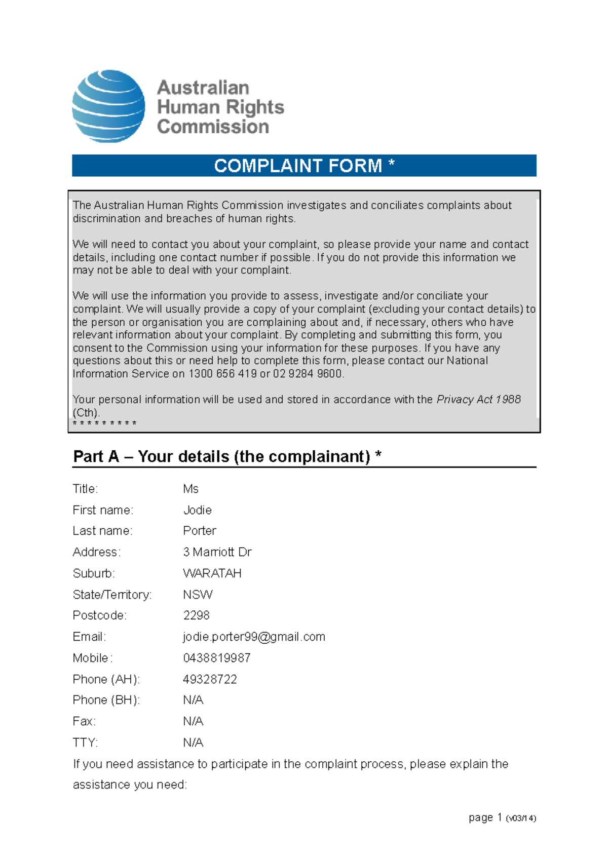 AHRC complaint form - COMPLAINT FORM * The Australian Human Rights ...