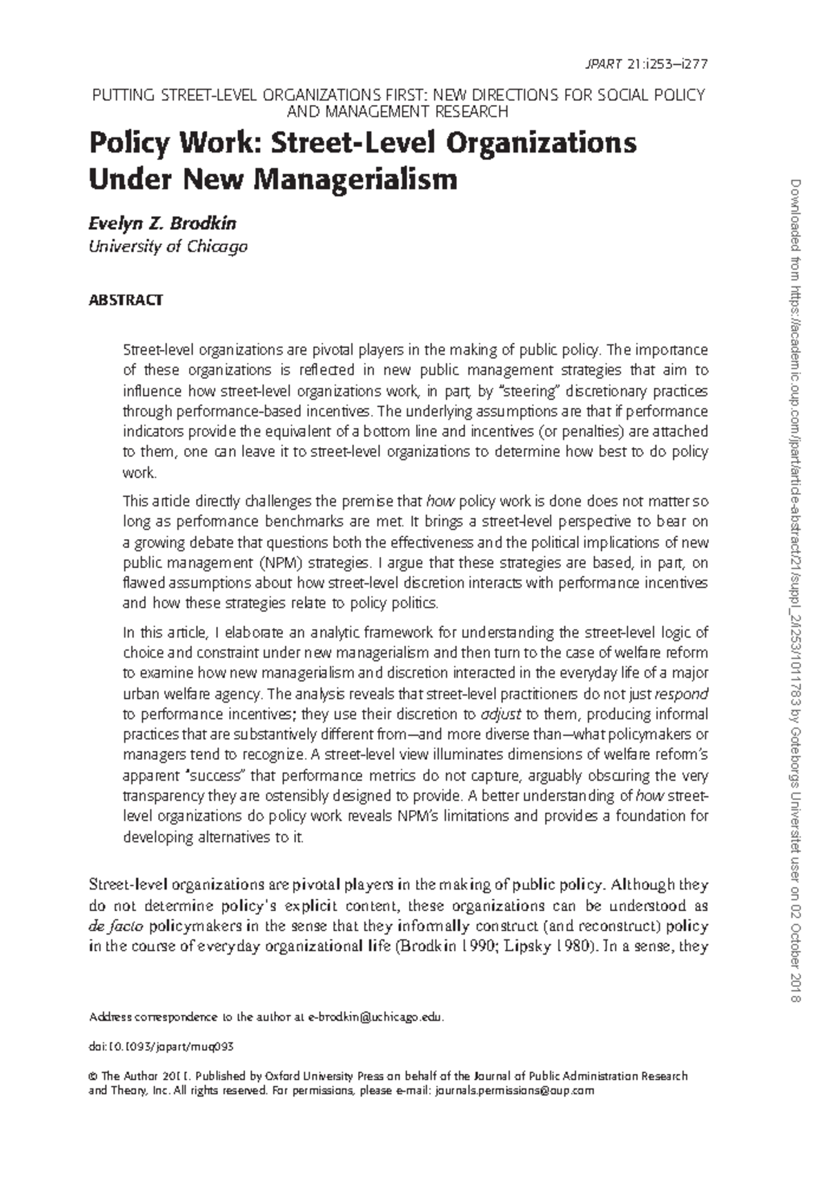 Brodkin - Policy Work - kurslitteratur - JPART 21:i253–i PUTTING STREET ...