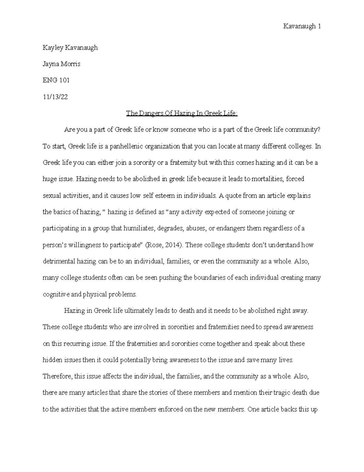 Hazing Research Paper - Mrs. Morris - Kayley Kavanaugh Jayna Morris ENG ...