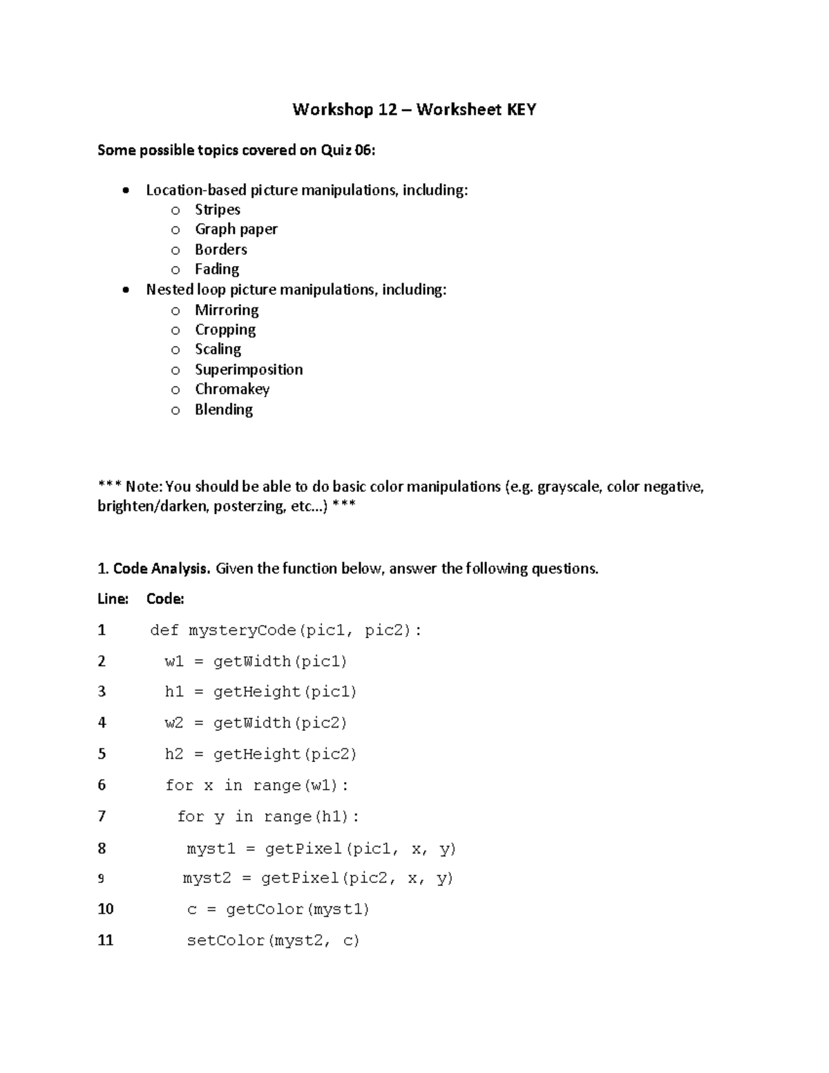 Worksheet 12 KEY - Workshop 12 – Worksheet KEY Some possible topics ...