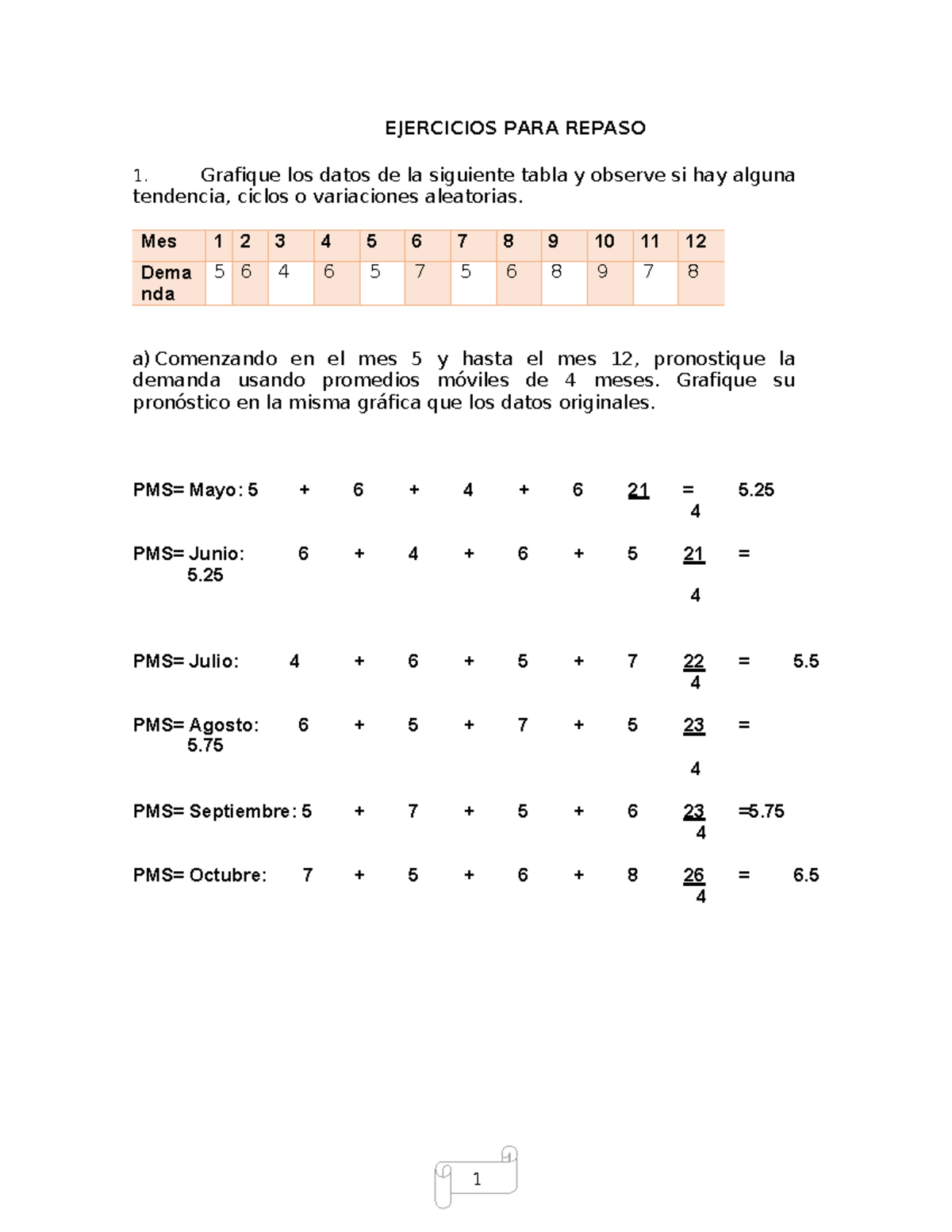 Ejercicios PARA Repaso - EJERCICIOS PARA REPASO 1. Grafique los datos de la siguiente tabla y ...