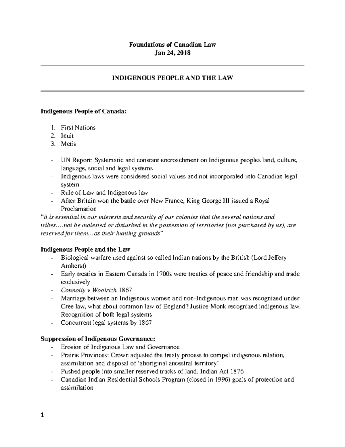 FCL - Lecture 2 - Foundations of Canadian Law Jan 24, 2018 INDIGENOUS ...