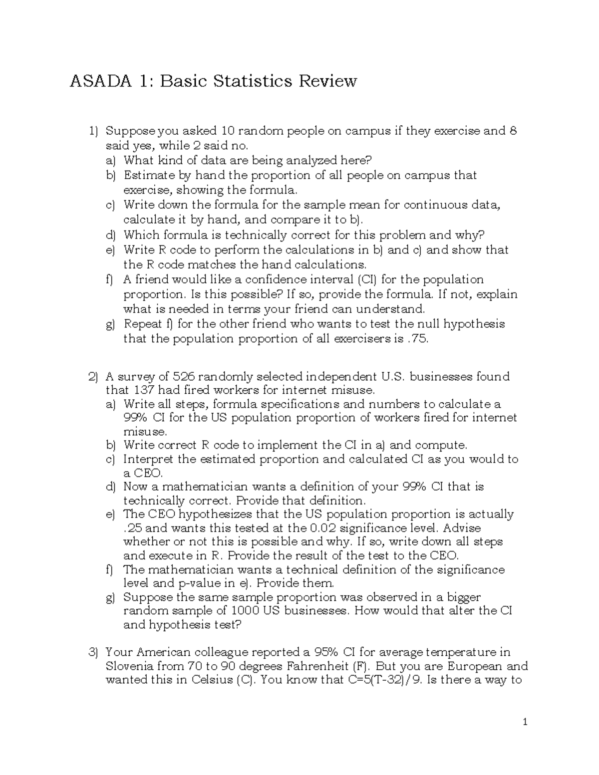 Asada 1 Problems - Statistics refresher - 1 ASADA 1 : Basic Statistics ...