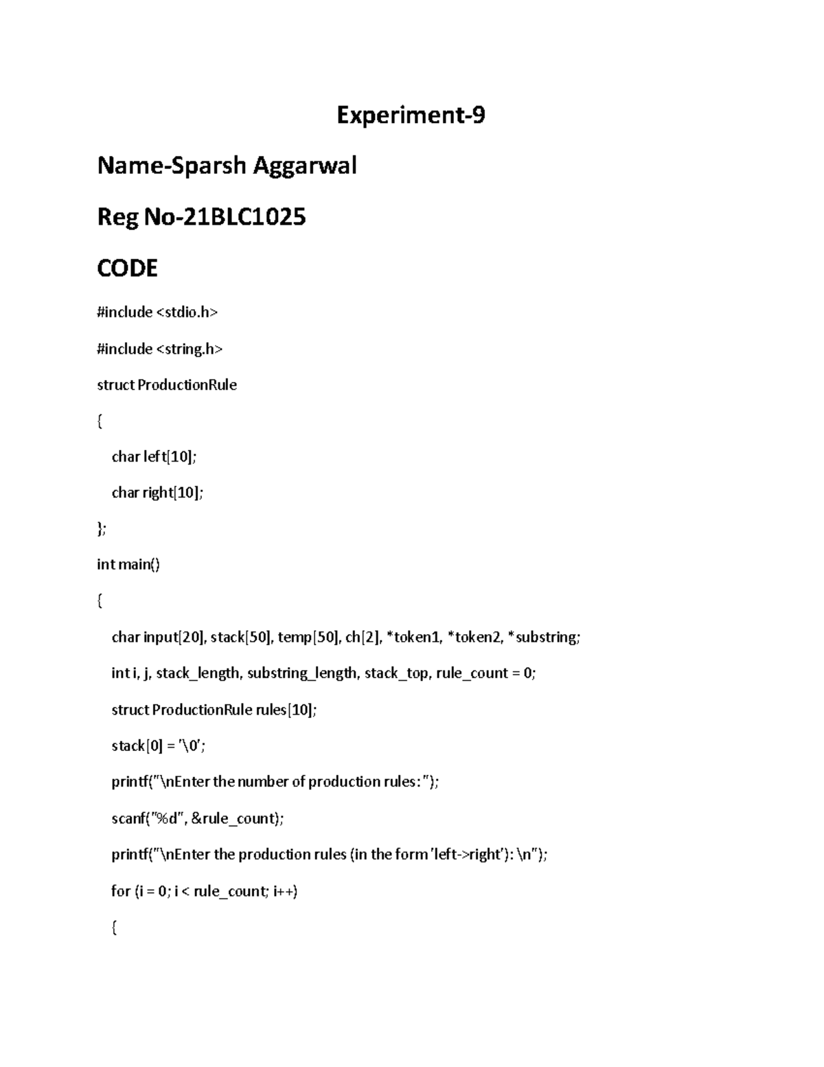 21BLC1025 EXP9 EDA - Experiment- 9 Name-Sparsh Aggarwal Reg No-21BLC1 025 CODE #include - Studocu