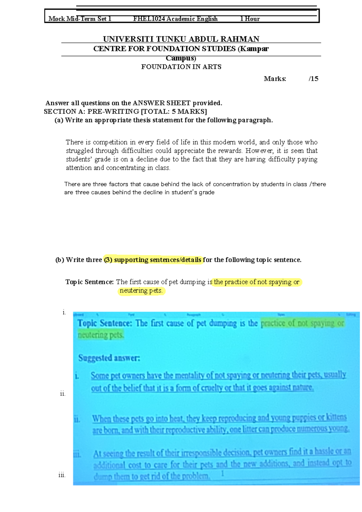 Mock Mid-term Set 1 QP - Mock Mid-Term Set 1 FHEL1024 Academic English 1 Hour UNIVERSITI TUNKU ...