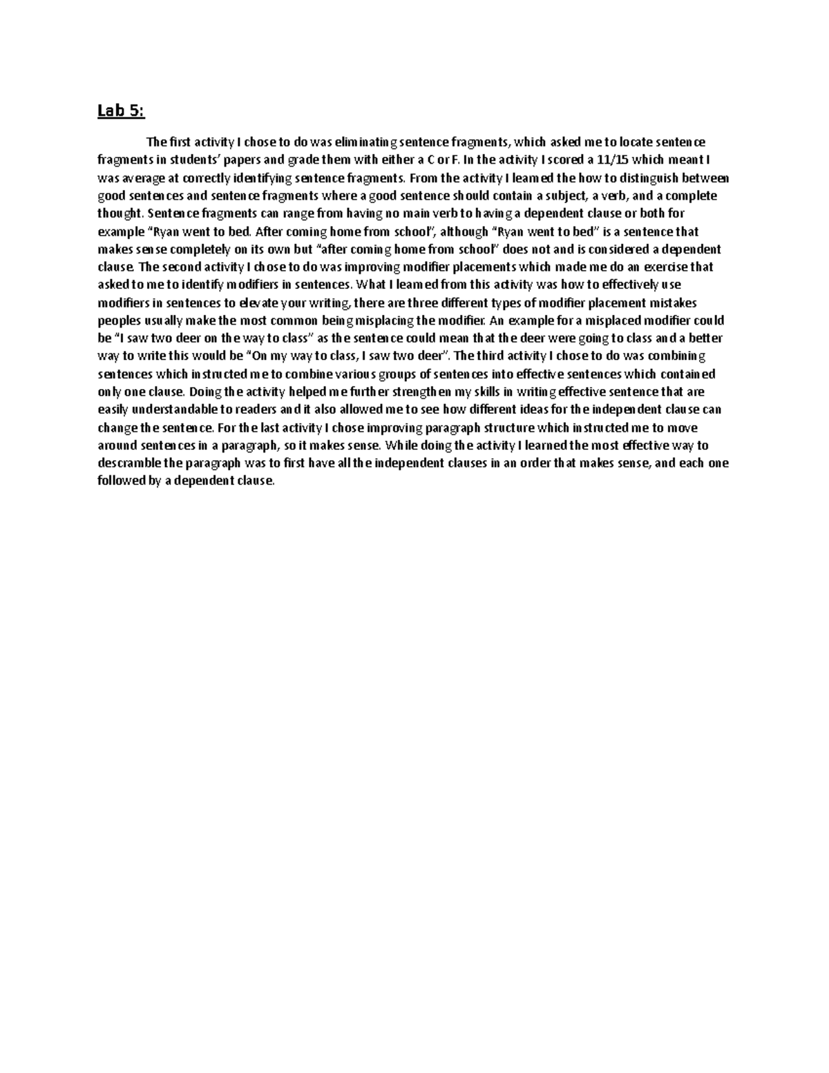 Lab5 - Lab 2 - Lab 5: The first activity I chose to do was eliminating ...