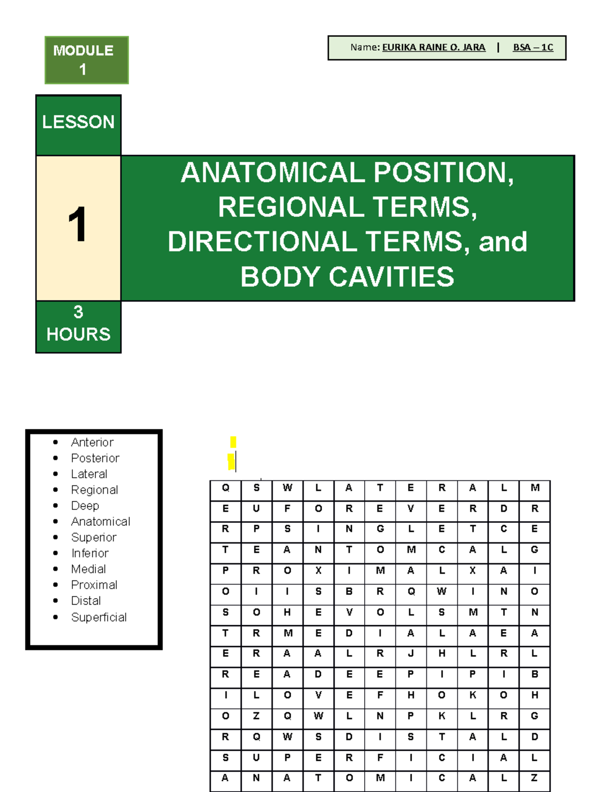 BSA-1C JARA - Pathfit 1 M1 - LESSON 1 ANATOMICAL POSITION, REGIONAL ...