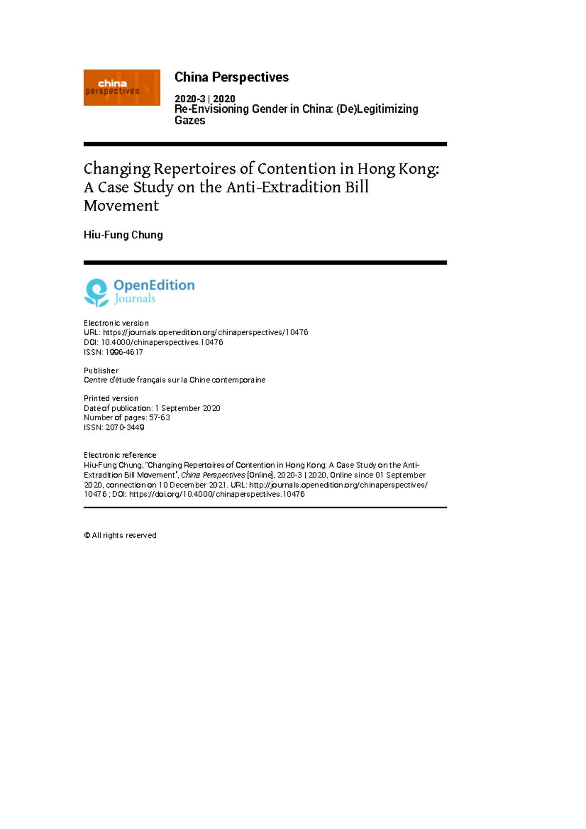 Chinaperspectives-10476 - China Perspectives ####### 2020-3 | 2020 Re ...