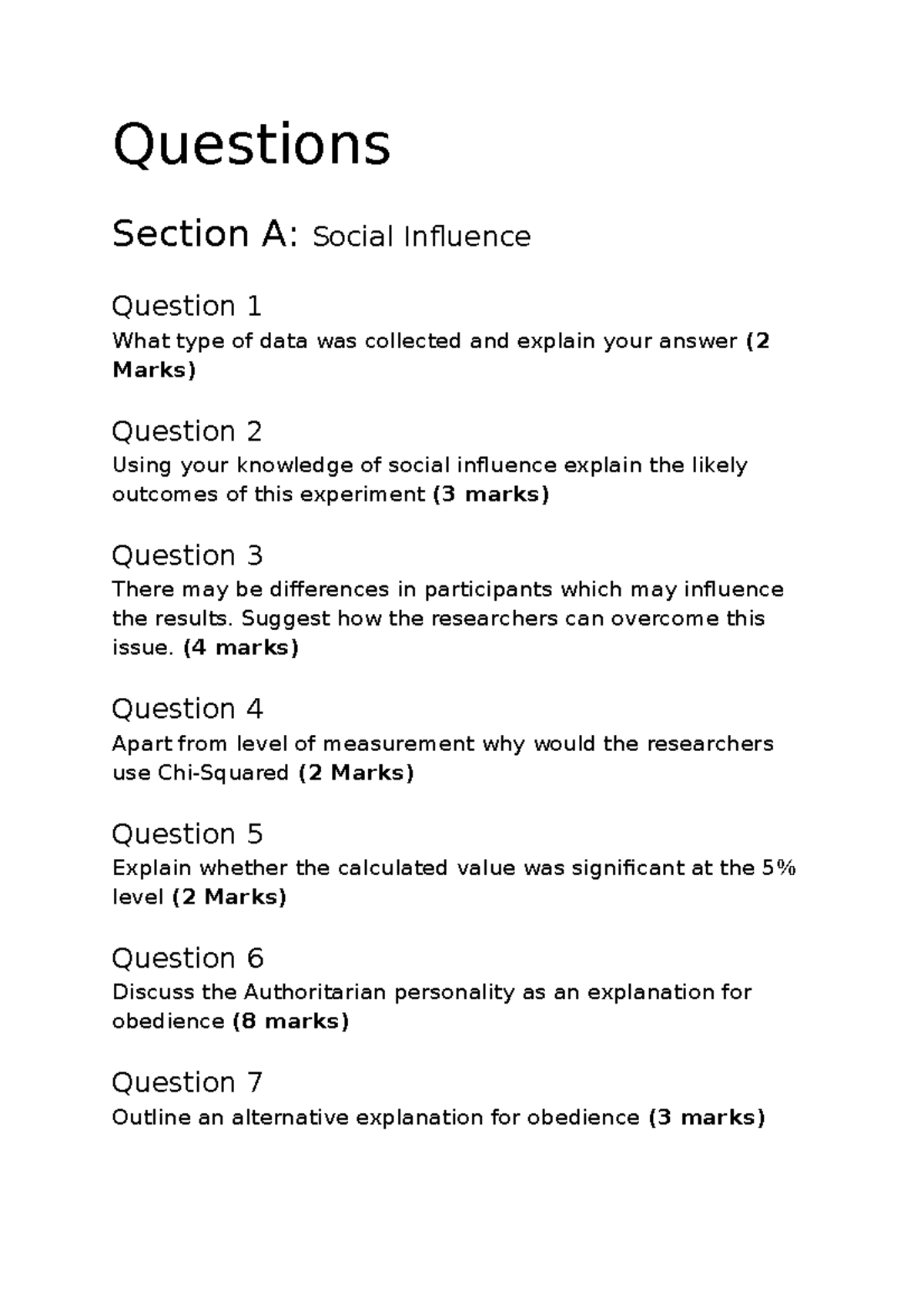 Questions - Quiz 3 - practise test - Questions Section A: Social ...