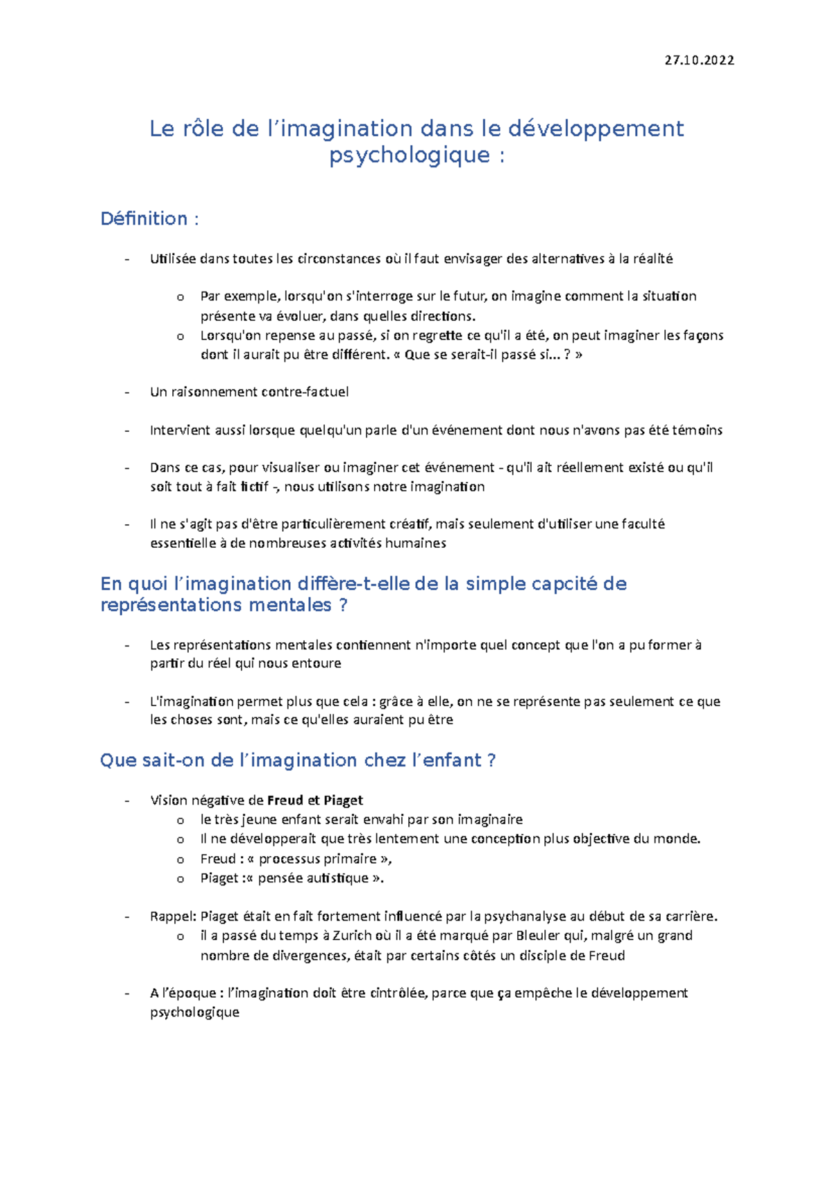 Rôle imagination - Feuille de notes du cours mise au propre - Le rôle ...