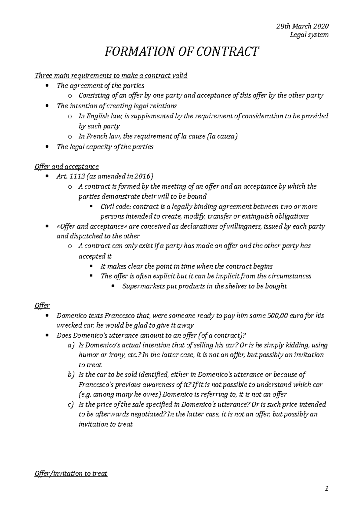 Formation of contract - Legal system FORMATION OF CONTRACT Three main ...