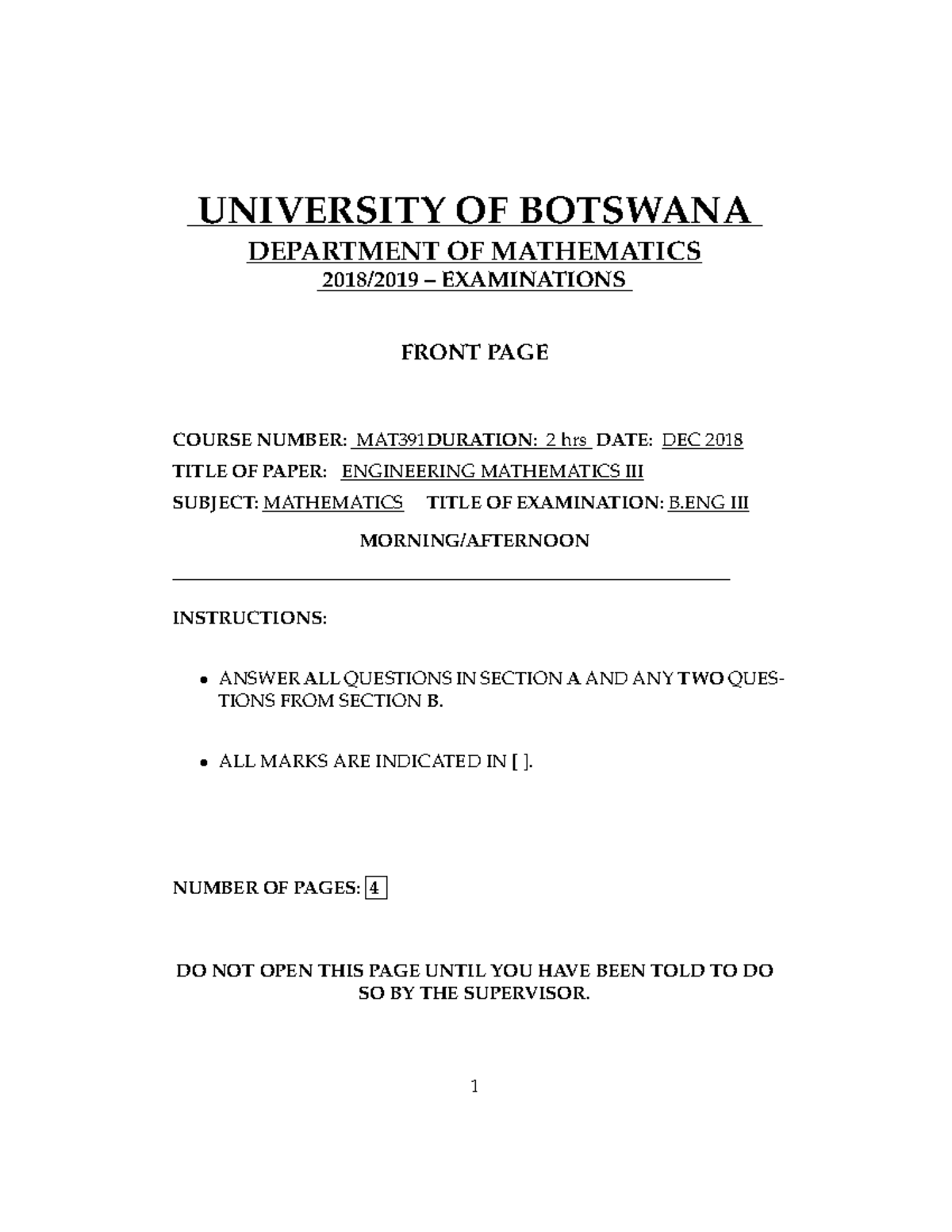 2018 MAT391 suppexam - Practice questions and answers - UNIVERSITY OF BOTSWANA DEPARTMENT OF ...