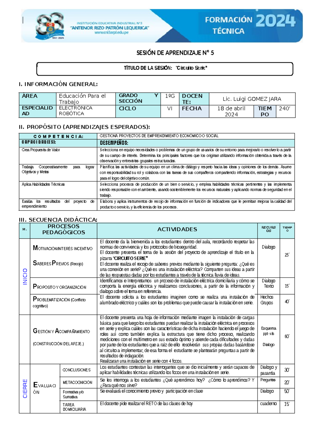 Luigi 4º Grado Sesion DE Aprendizaje N° 5 - I. INFORMACIÓN GENERAL: ÁREA Educación Para el ...