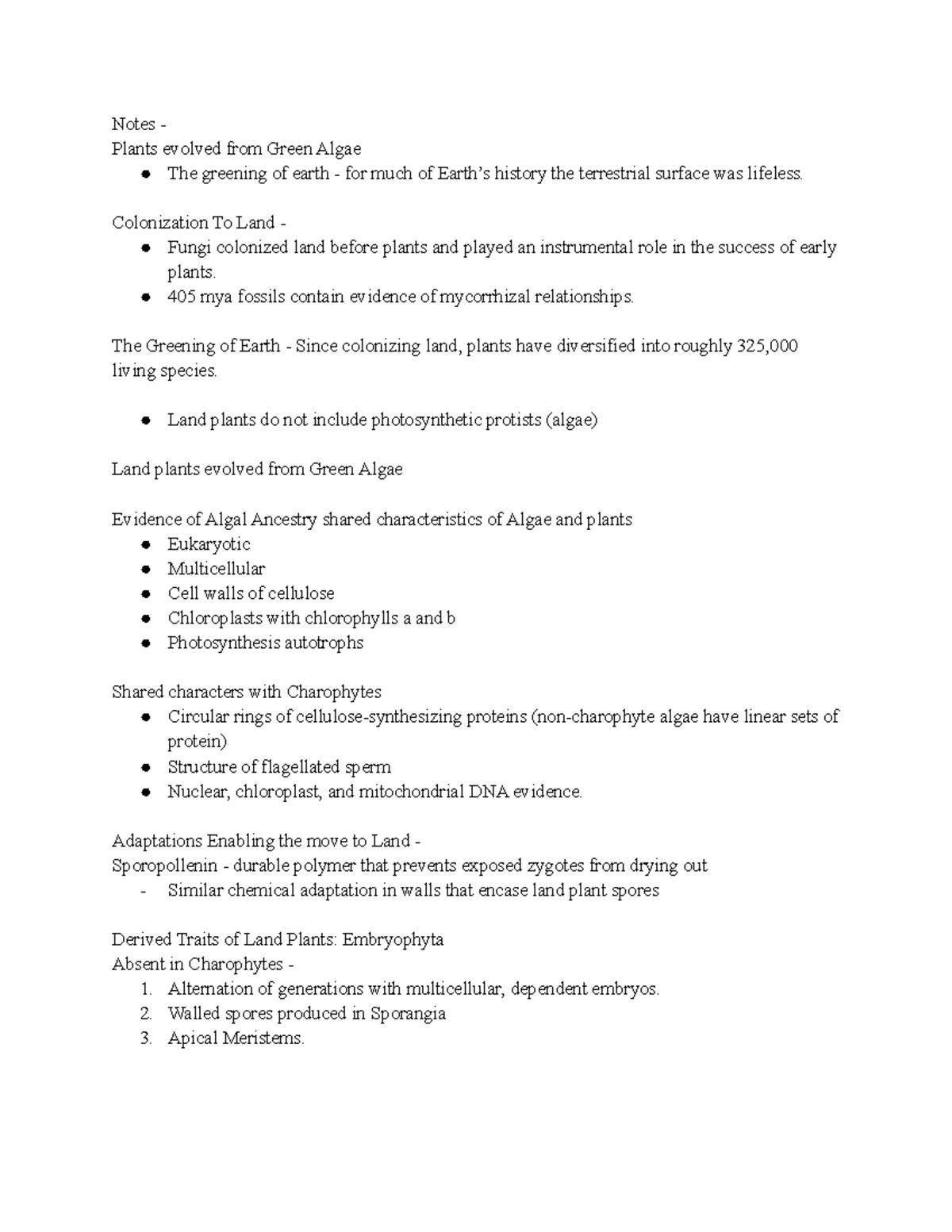 Plants Evolving - Notes - Plants evolved from Green Algae The greening ...