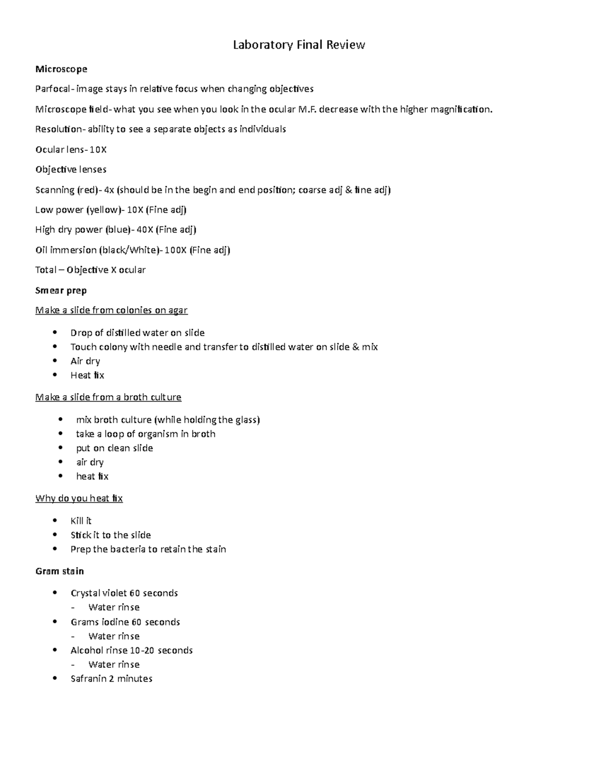 Laboratory Final Review - Laboratory Final Review Microscope Parfocal- image stays in relative ...