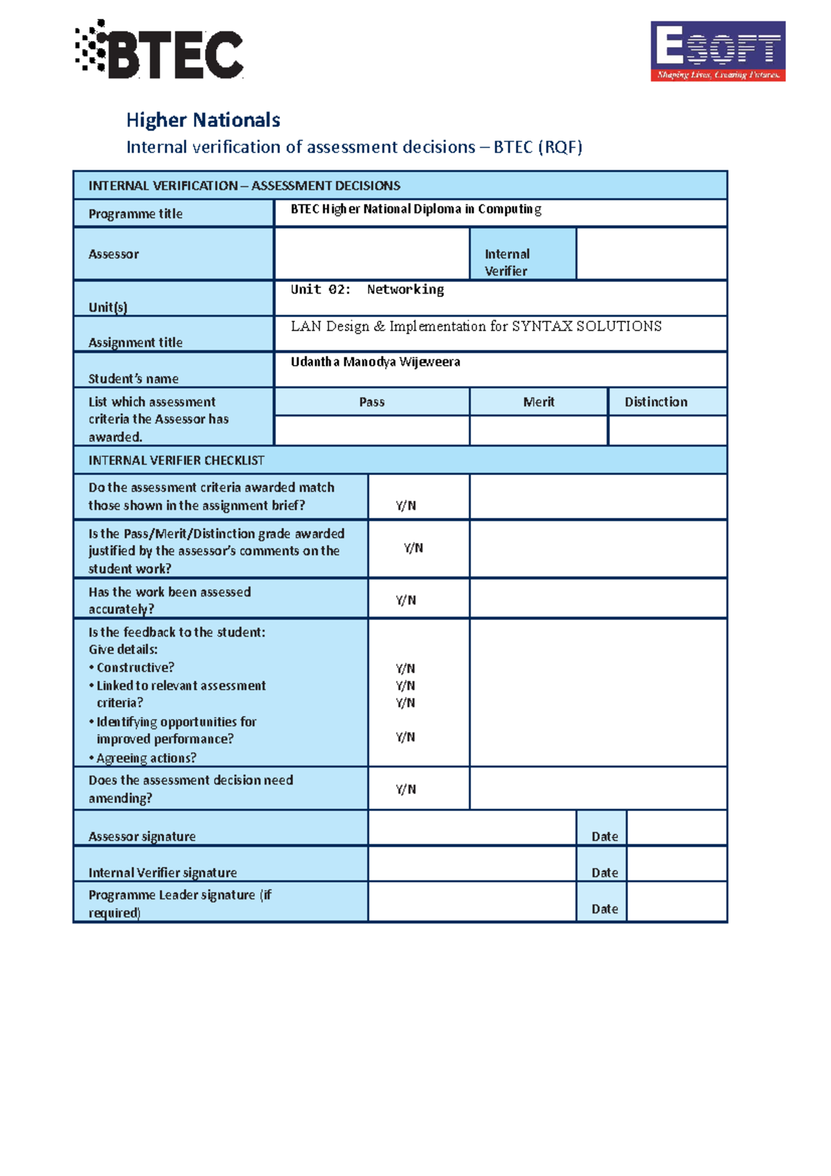 Networking - Higher Nationals Internal verification of assessment decisions – BTEC (RQF ...